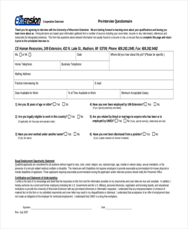 FREE 12+ Interview Questionnaire Form Samples, PDF, MS Word, Google ...