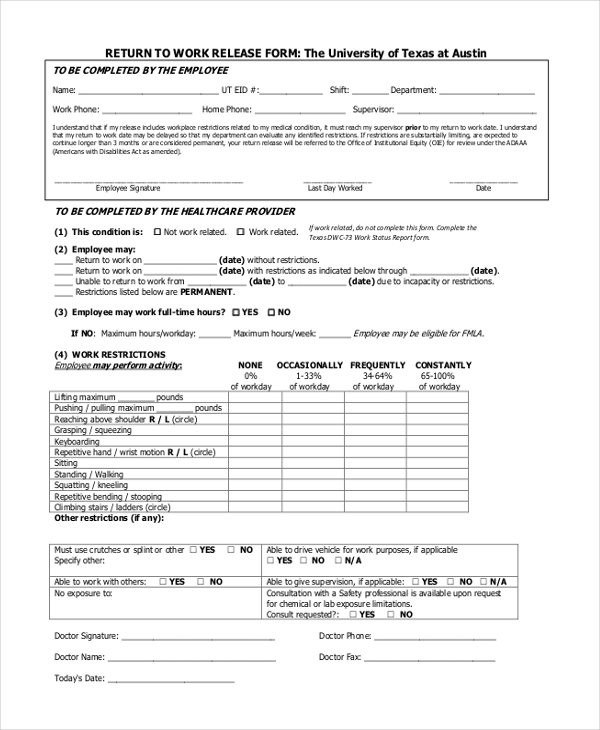 FREE 13+ Work Release Form Samples, PDF, MS Word, Google Docs