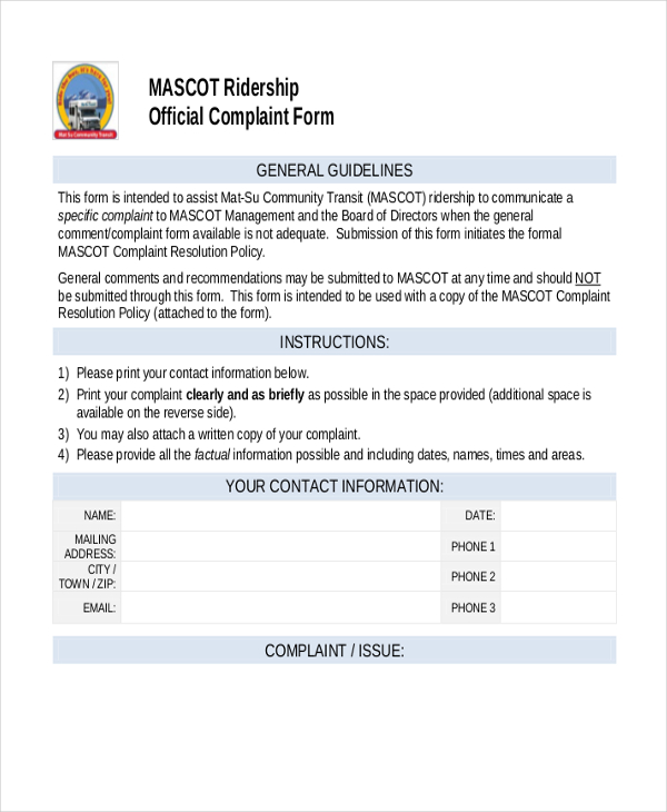 FREE 9+ Sample Official Complaint Forms in PDF | Word