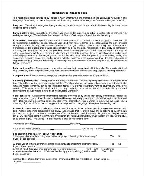 FREE 9+ Sample Questionnaire Consent Forms in PDF | MS Word