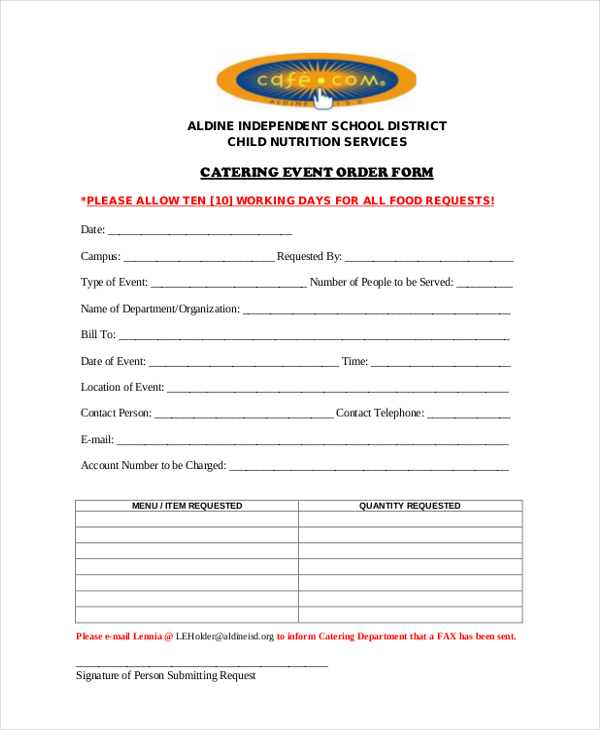 FREE 15+ Catering Order Form Samples, PDF, MS Word, Google Docs, Excel