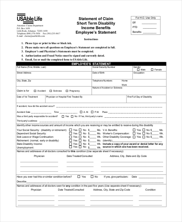 FREE 9+ Sample Disability Claim Forms in PDF | MS Word