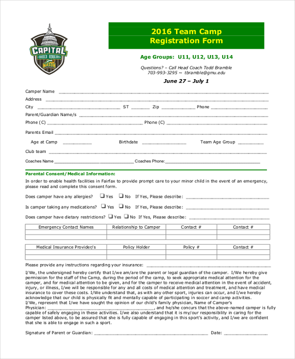FREE 13+ Sample Camp Registration Forms in PDF | Excel | Word
