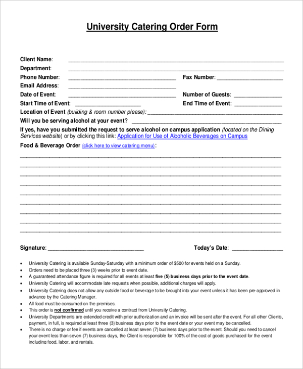 FREE 15+ Catering Order Form Samples, PDF, MS Word, Google Docs, Excel