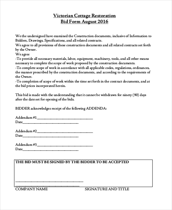 FREE 12+ Construction Bid Form Samples, PDF, MS Word, Google Docs, Excel