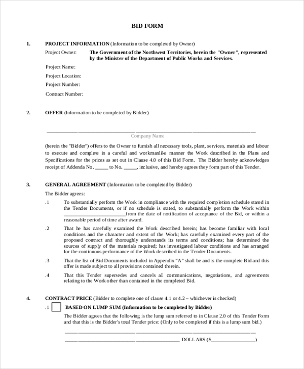 FREE 12+ Construction Bid Form Samples, PDF, MS Word, Google Docs, Excel