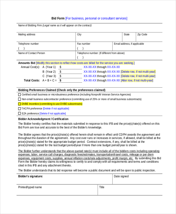 FREE 12+ Construction Bid Form Samples, PDF, MS Word, Google Docs, Excel
