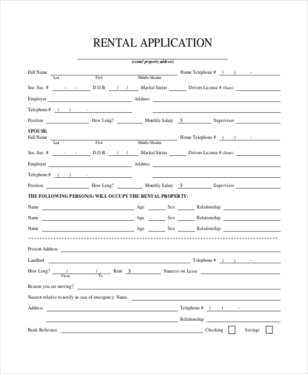 Free Printable Residential Rental Application