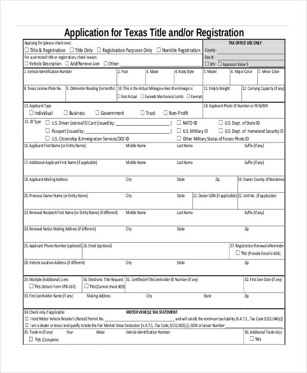 Application For Texas Title Fill Online Printable