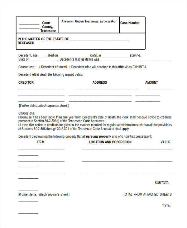 FREE 9+ Small Estate Affidavit Form Samples in PDF | MS Word