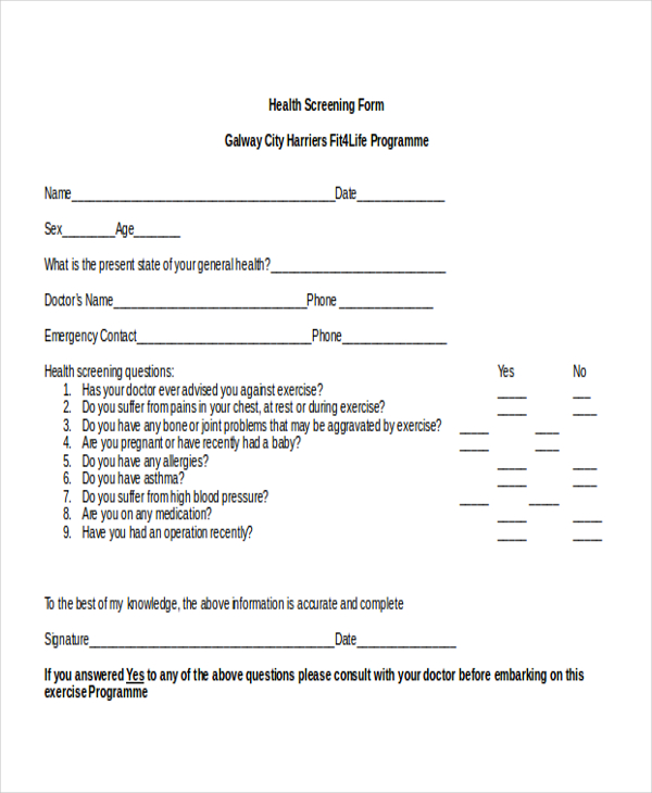 FREE 11+ Sample Health Screening Forms in PDF | MS Word | Excel
