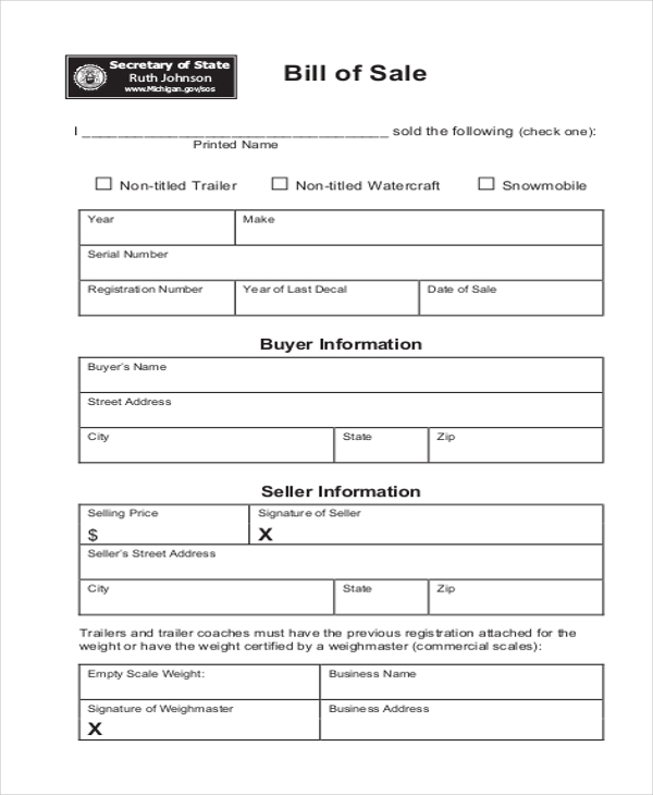 Free Blank Printable Bill Of Sale