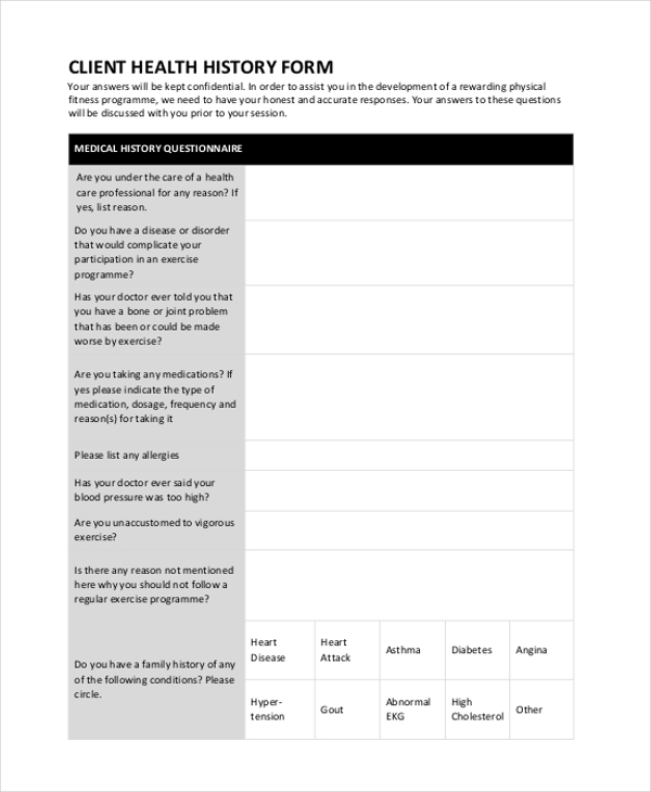 FREE 12+ Sample Health History Forms in PDF | Excel | Word