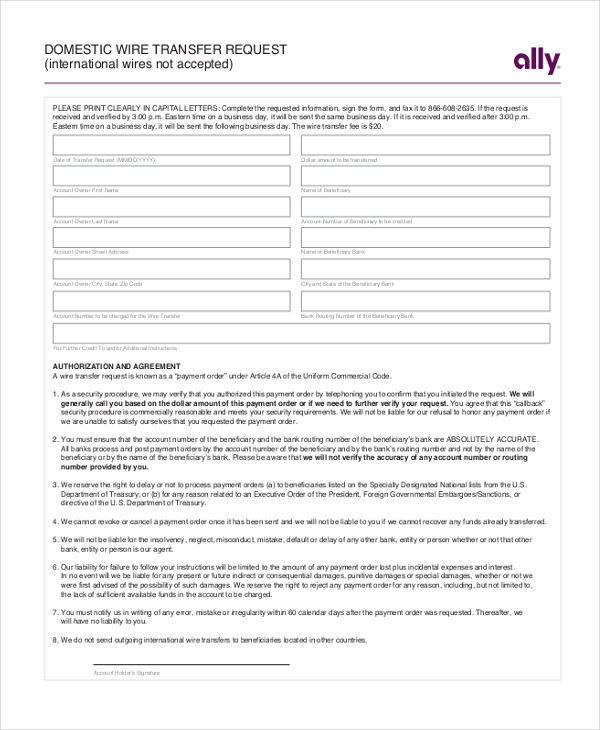 FREE 15+ Wire Transfer Form Samples, PDF, MS Word, Google Docs, Excel