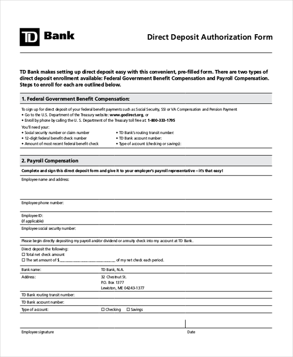 Td Direct Deposit Form Sample