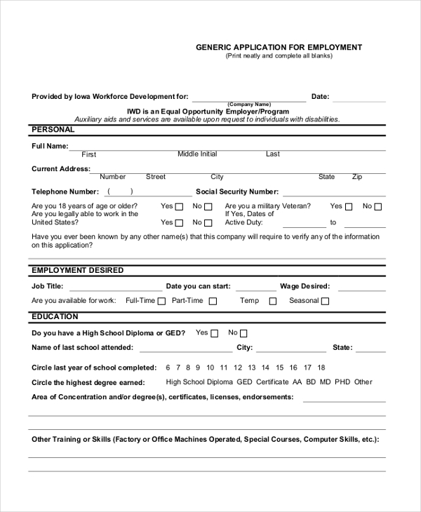 FREE 12+ Sample Application For Employment Forms in PDF | Excel | MS Word