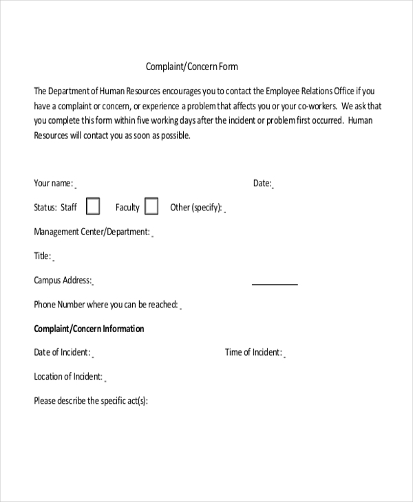 FREE 10+ Sample HR Complaint Forms in MS Word | PDF