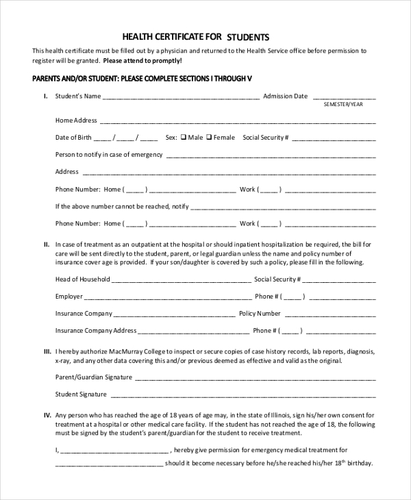 FREE 13+ Health Certificate Form Samples, PDF, MS Word, Google Docs, Excel