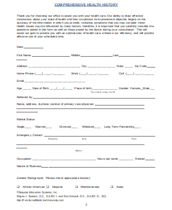 FREE 12+ Sample Health History Forms in PDF | Excel | Word