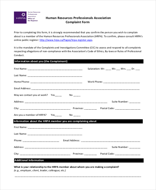 FREE 10+ Sample HR Complaint Forms in MS Word | PDF