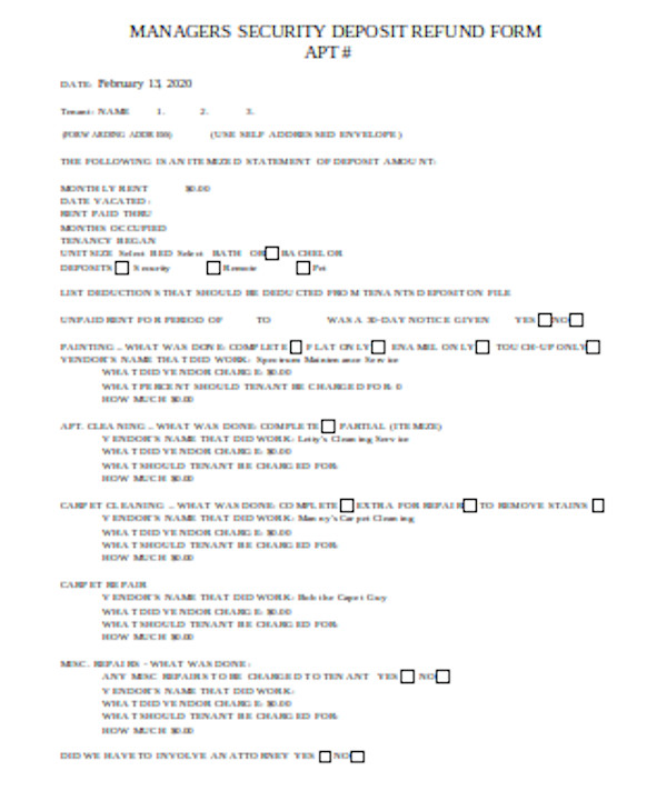 FREE 12+ Security Deposit Refund Form Samples, PDF, MS Word, Google Docs