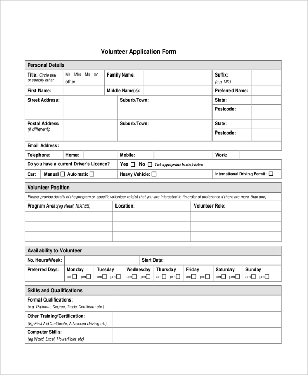 FREE 14+ Volunteer Application Form Samples, PDF, MS Word, Google Docs ...