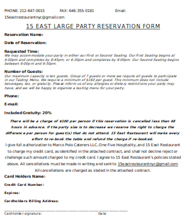 FREE 15+ Restaurant Reservation Form Samples, PDF, MS Word, Google Docs