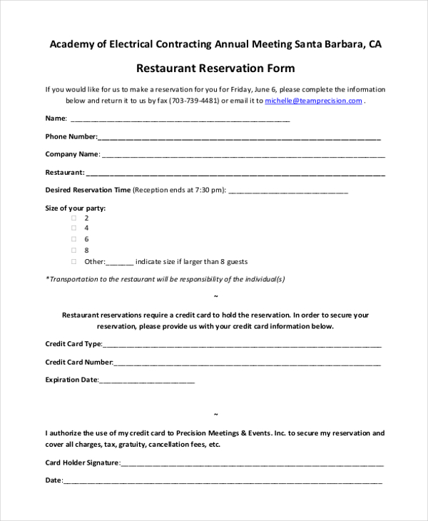FREE 25+ Reservation Form PDF, MS Word, Google Docs, Excel