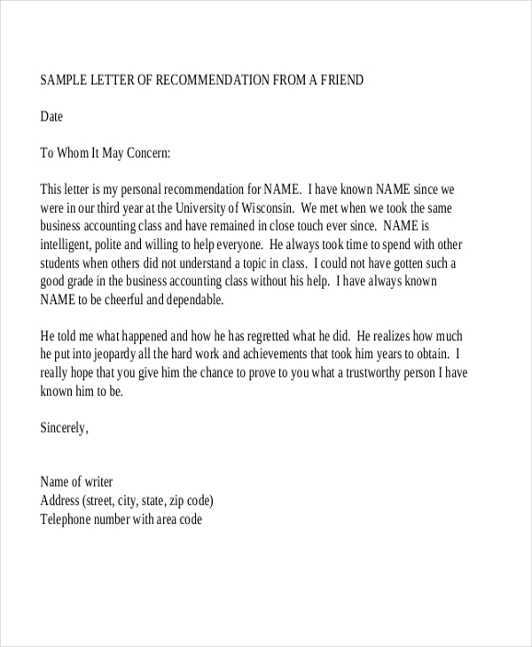 Letter Of Recommendation For A Friend Sample Letter My XXX Hot Girl