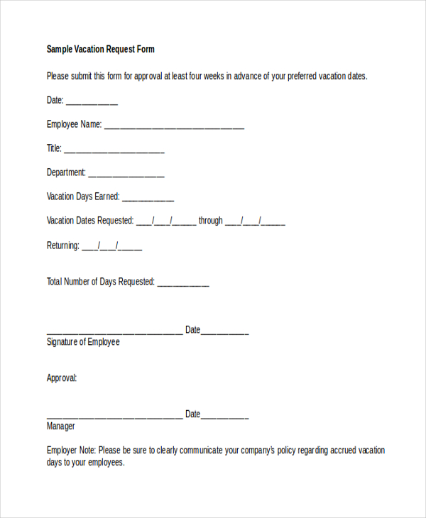 FREE 11+ Sample Vacation Request Forms in PDF | MS Word | Excel