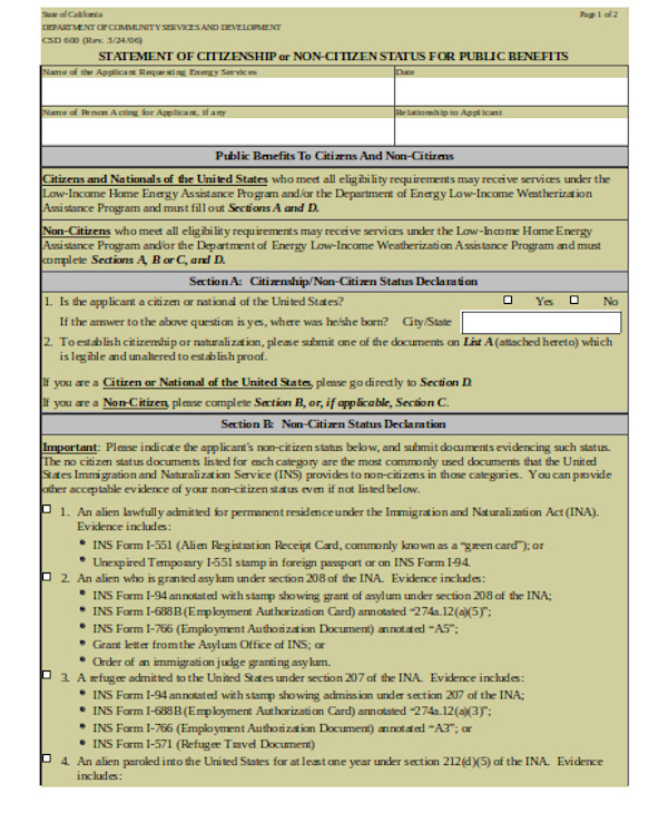 FREE 9+ Sample Citizenship Application Forms in MS Word | PDF | Excel