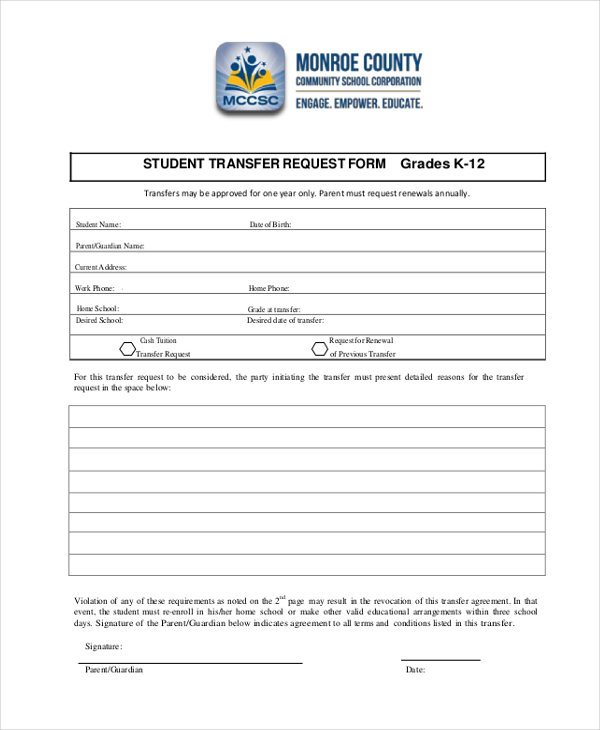 FREE 15+ Student Transfer Form Samples, PDF, MS Word, Google Docs, Excel