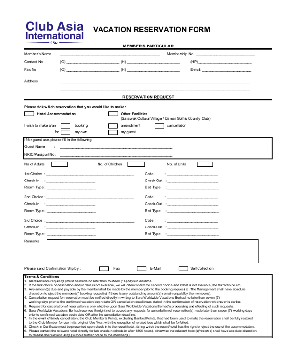 FREE 25+ Reservation Form PDF, MS Word, Google Docs, Excel