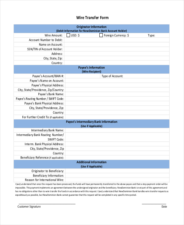 FREE 15+ Wire Transfer Form Samples, PDF, MS Word, Google Docs, Excel
