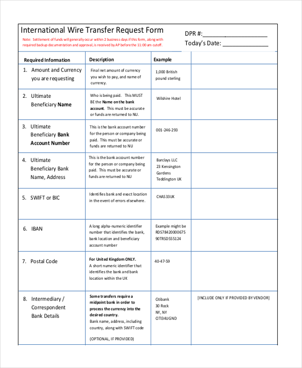 FREE 15+ Wire Transfer Form Samples, PDF, MS Word, Google Docs, Excel