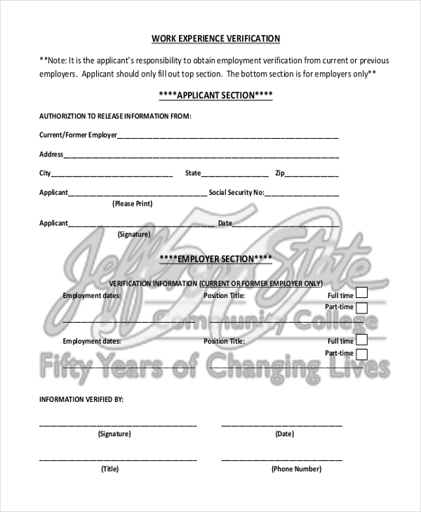 FREE 8+ Sample Work Verification Forms in PDF | Word | Excel