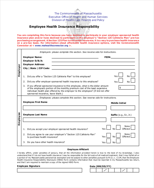 FREE 13+ Health Insurance Form Samples, PDF, MS Word, Google Docs