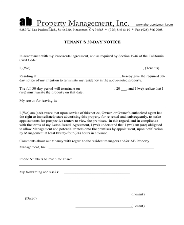 FREE 9 Sample 30 Day Notice Forms In PDF MS Word