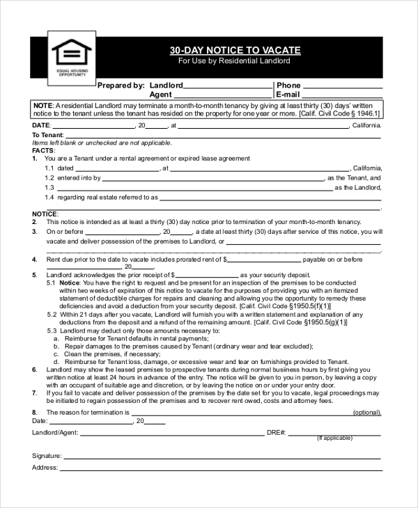 FREE 12+ 30 Day Notice Form Samples, PDF, MS Word, Google Docs