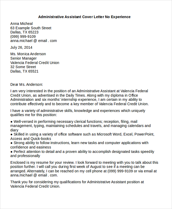FREE 9 Cover Letter For Administrative Assistant Samples In MS Word PDF