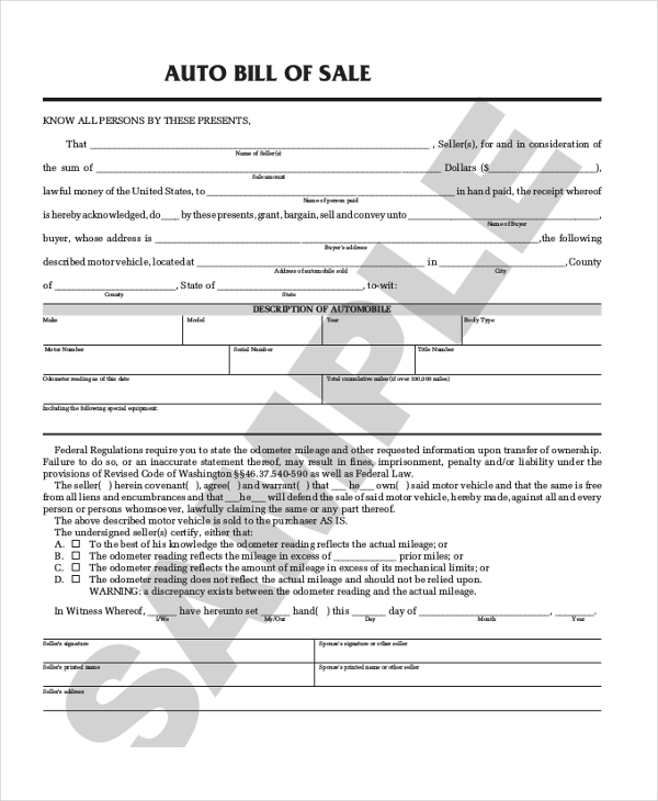 FREE 9+ Sample Auto Bill of Sale Forms in PDF | MS Word