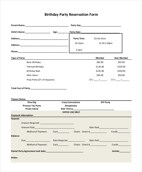 FREE 10+ Sample Party Reservation Forms in PDF | MS Word