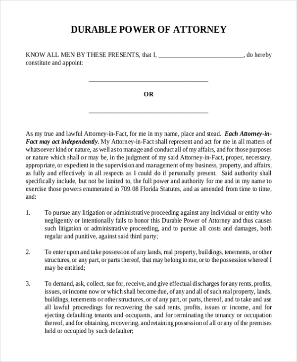FREE 11 Sample Durable Power Of Attorney Forms In PDF MS Word