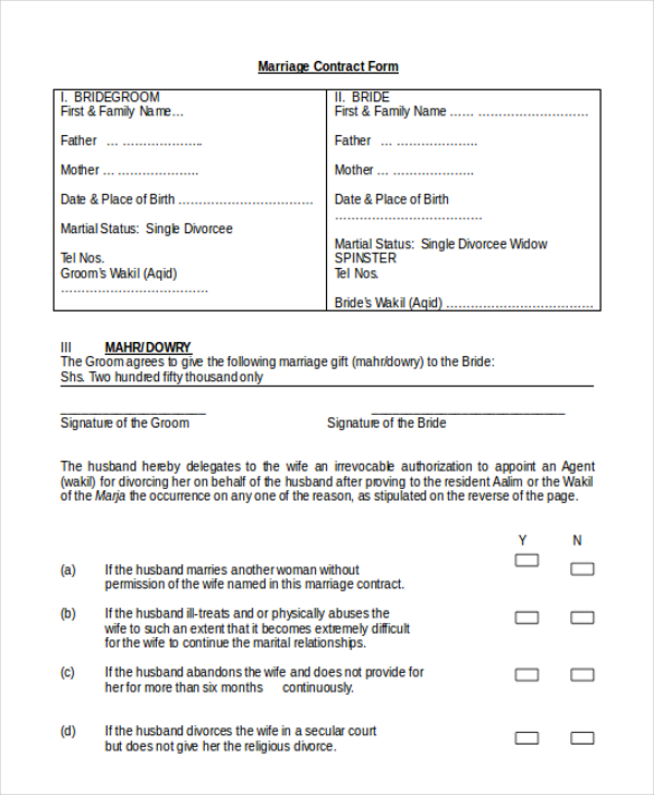 FREE 12+ Marriage Contract Form Samples, PDF, MS Word, Google Docs