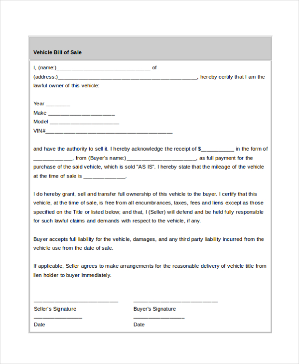 FREE 10+ Sample Bill of Sale Vehicle Forms in PDF | MS Word | Excel