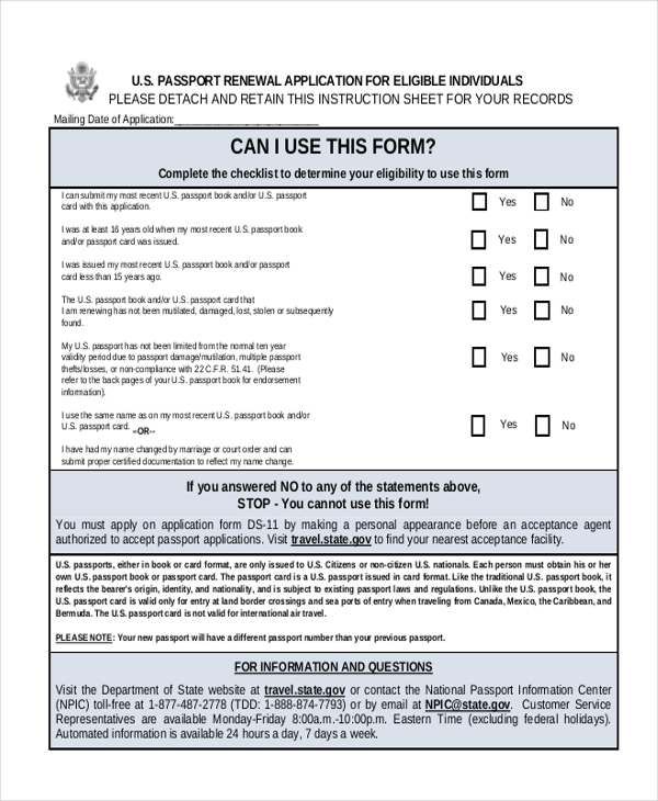 FREE 9+ Sample Passport Renewal Forms in PDF | MS Word