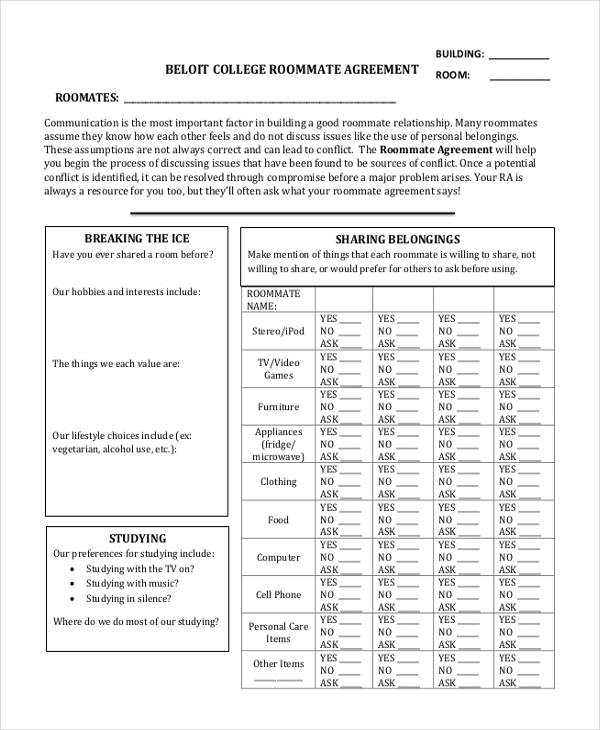 FREE 12+ Sample Roommate Agreement Forms in PDF | MS Word