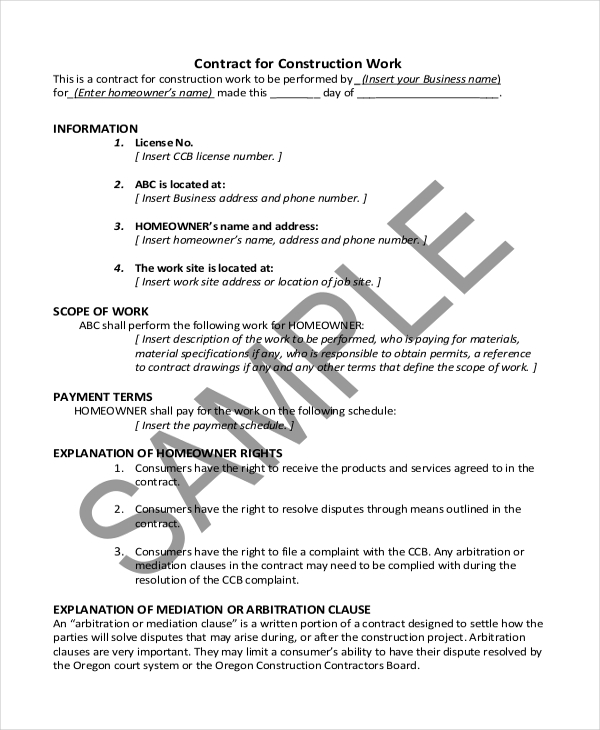 FREE 10 Sample Construction Contract Forms In MS Word PDF Excel
