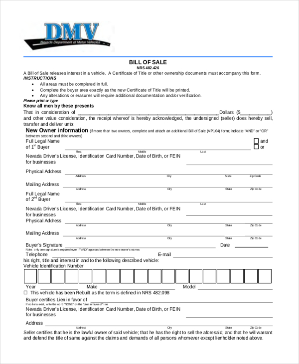 FREE 9 Sample DMV Bill Of Sale Forms In PDF MS Word