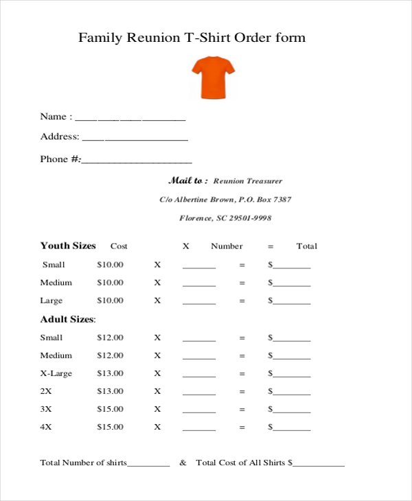 Family Reunion T Shirt Order Form Template